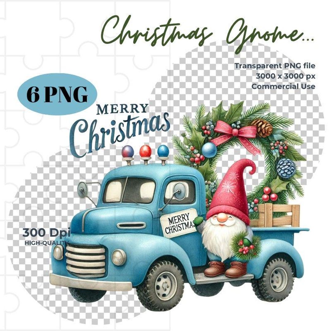 Watercolor Christmas Truck & Gnome Clipart: Holiday PNG Digital ...