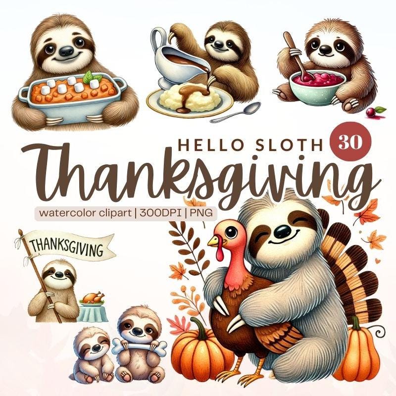 Cute Sloth Thanksgiving Clipart Watercolor Sloth Fall Clip Art Set 300 ...