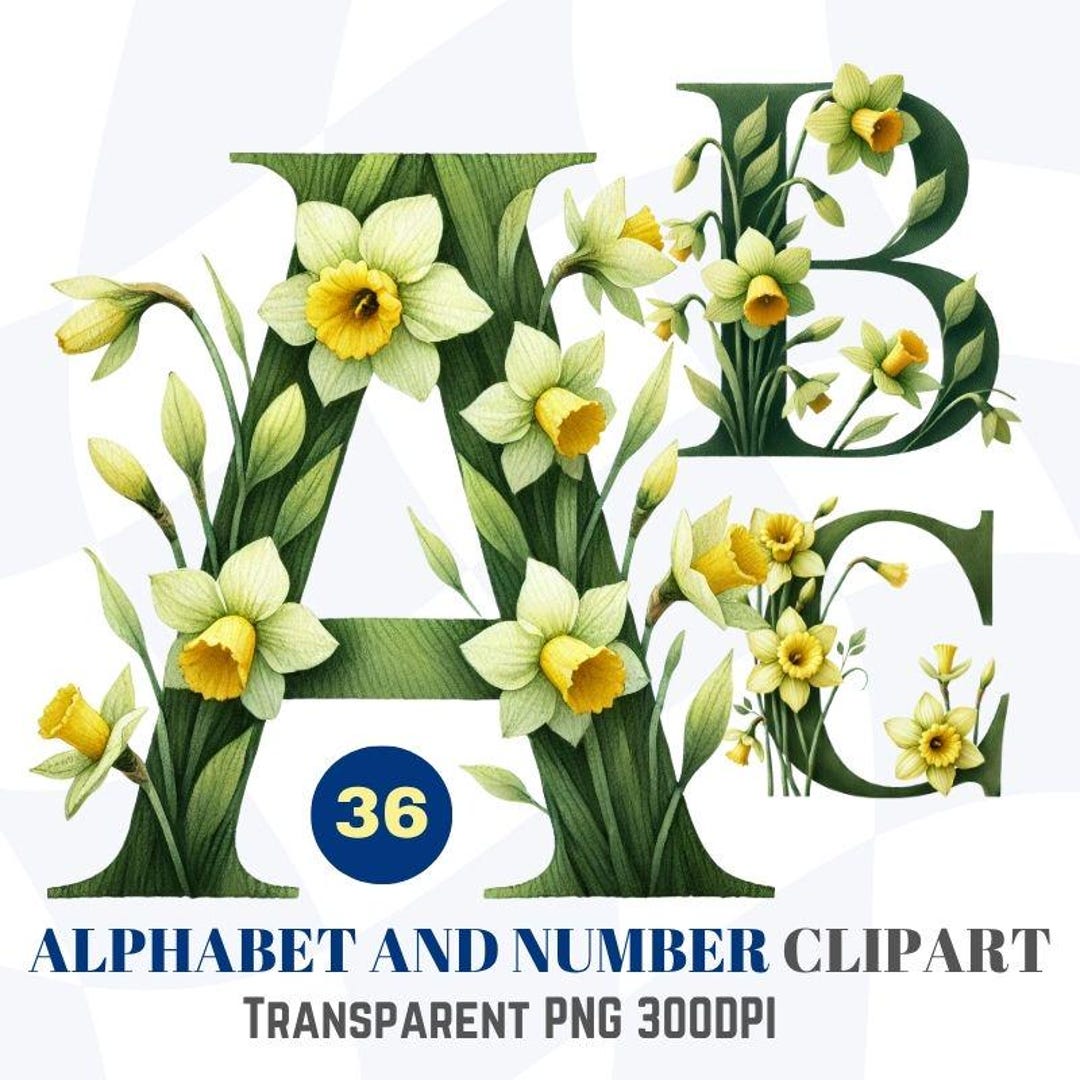 Daffodil Floral Alphabet & Number PNG Set: Spring Scrapbooking (digital ...
