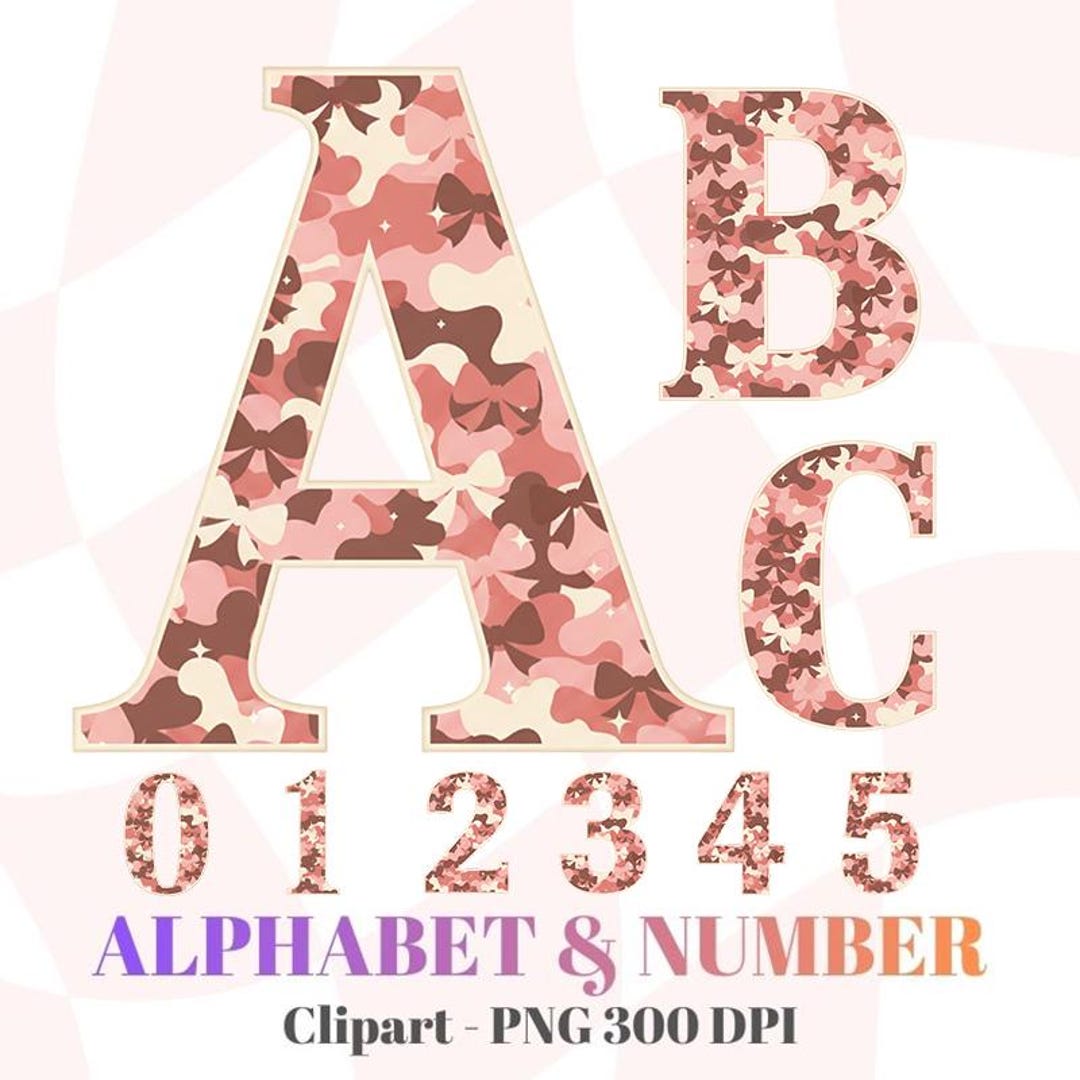 Pink Camo Bow Alphabet Clipart PNG Letters Numbers for Valentine ...