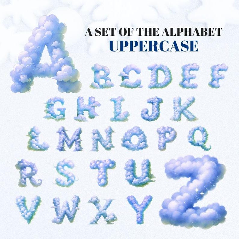 Cloud Alphabet Clipart Set Blue Cloud Letters and Numbers PNG Cute Sky ...