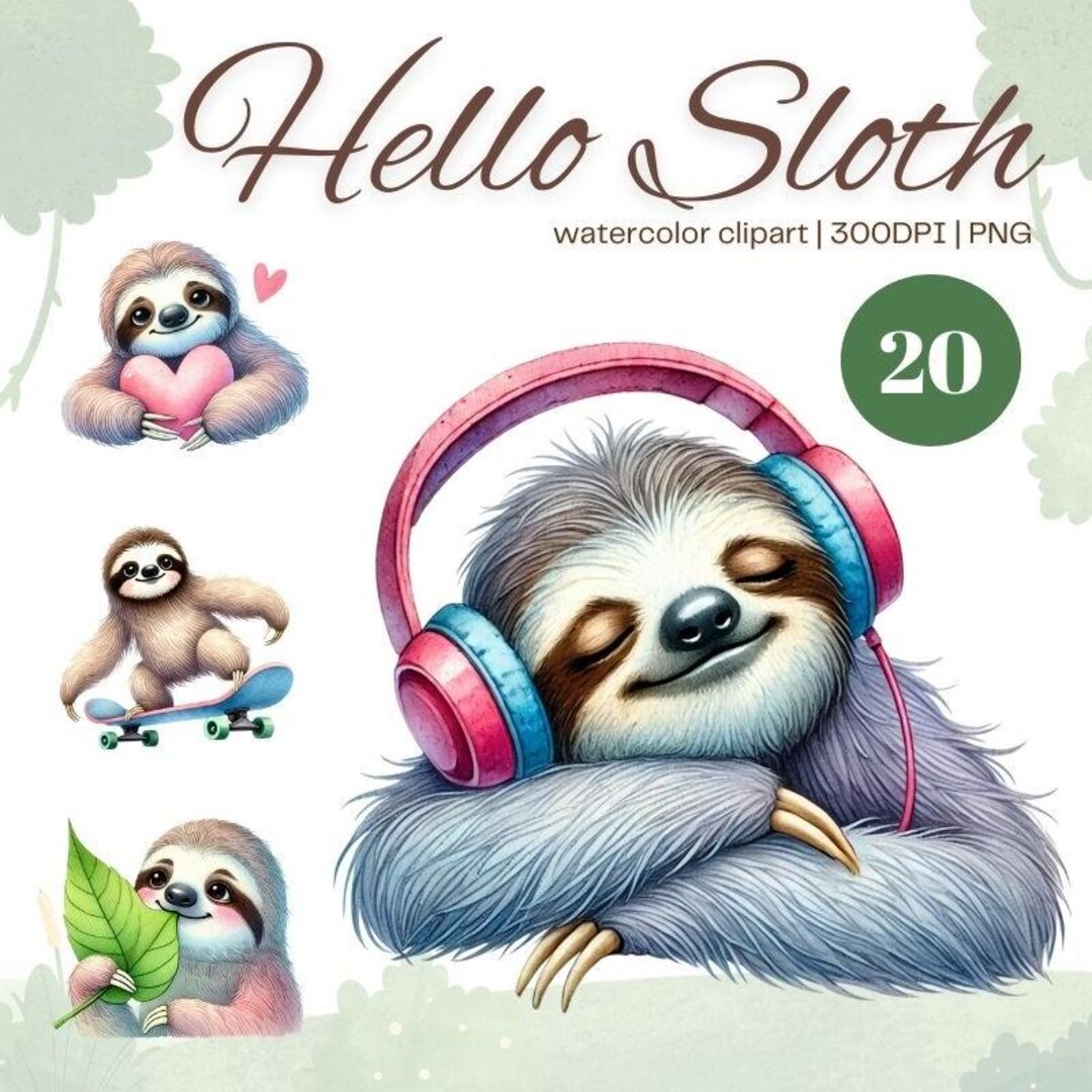 Sloth Watercolor Clipart Set, Cute Sloth Illustrations, 20 PNG Files ...