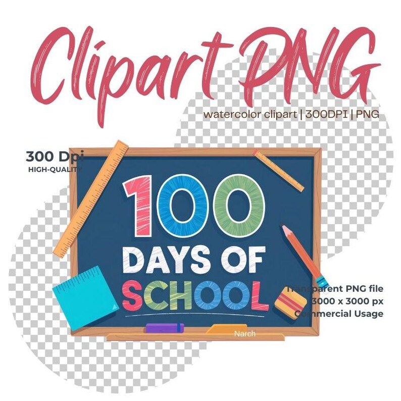 100 Days of School Clipart PNG Watercolor Transparent 300 DPI Digital ...