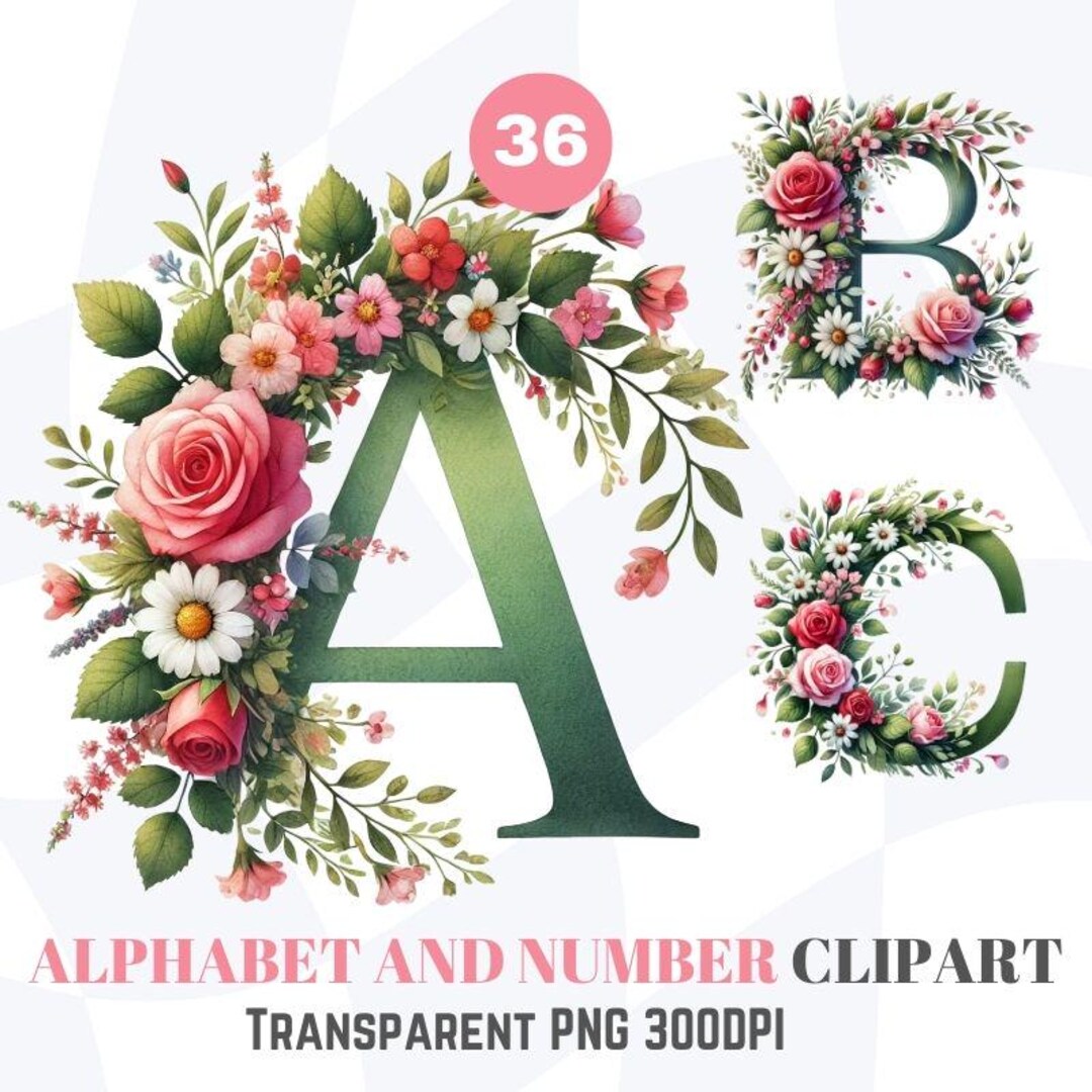Floral Alphabet Clipart: Watercolor Flower Letters & Numbers (PNG ...