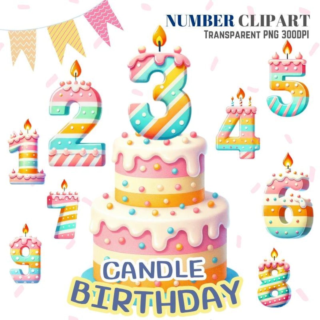 Pastel Birthday Candle Numbers Clipart: Cake Toppers, Party Decor (PNG ...