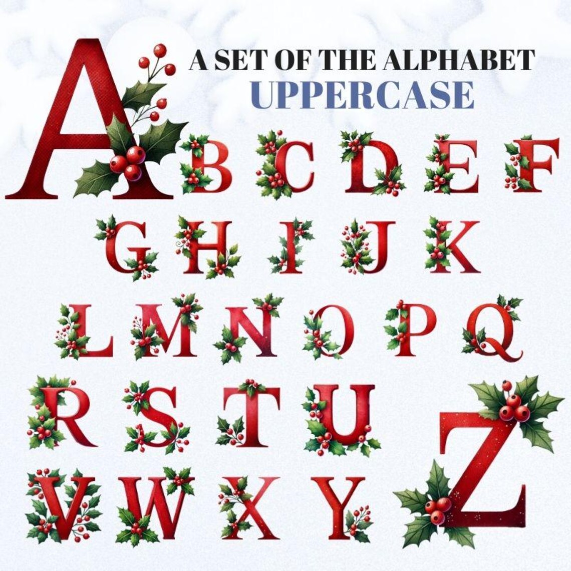Watercolor Christmas Alphabet Clipart, Holly Berry Letters (PNG) - Etsy