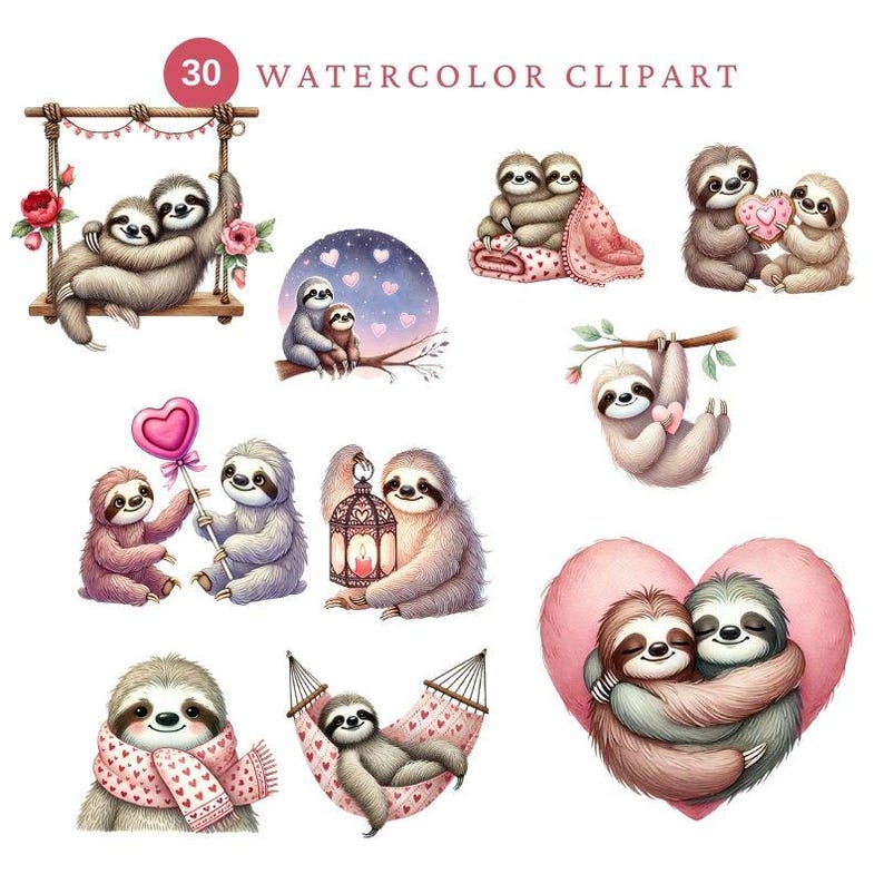 Valentine's Day Sloth Clipart, Cute Watercolor Sloth PNG Romantic Love ...