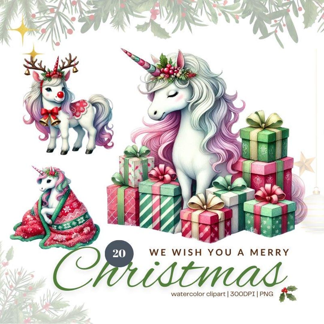 Christmas Unicorn Watercolor Clipart Set With Gifts and Reindeer ...
