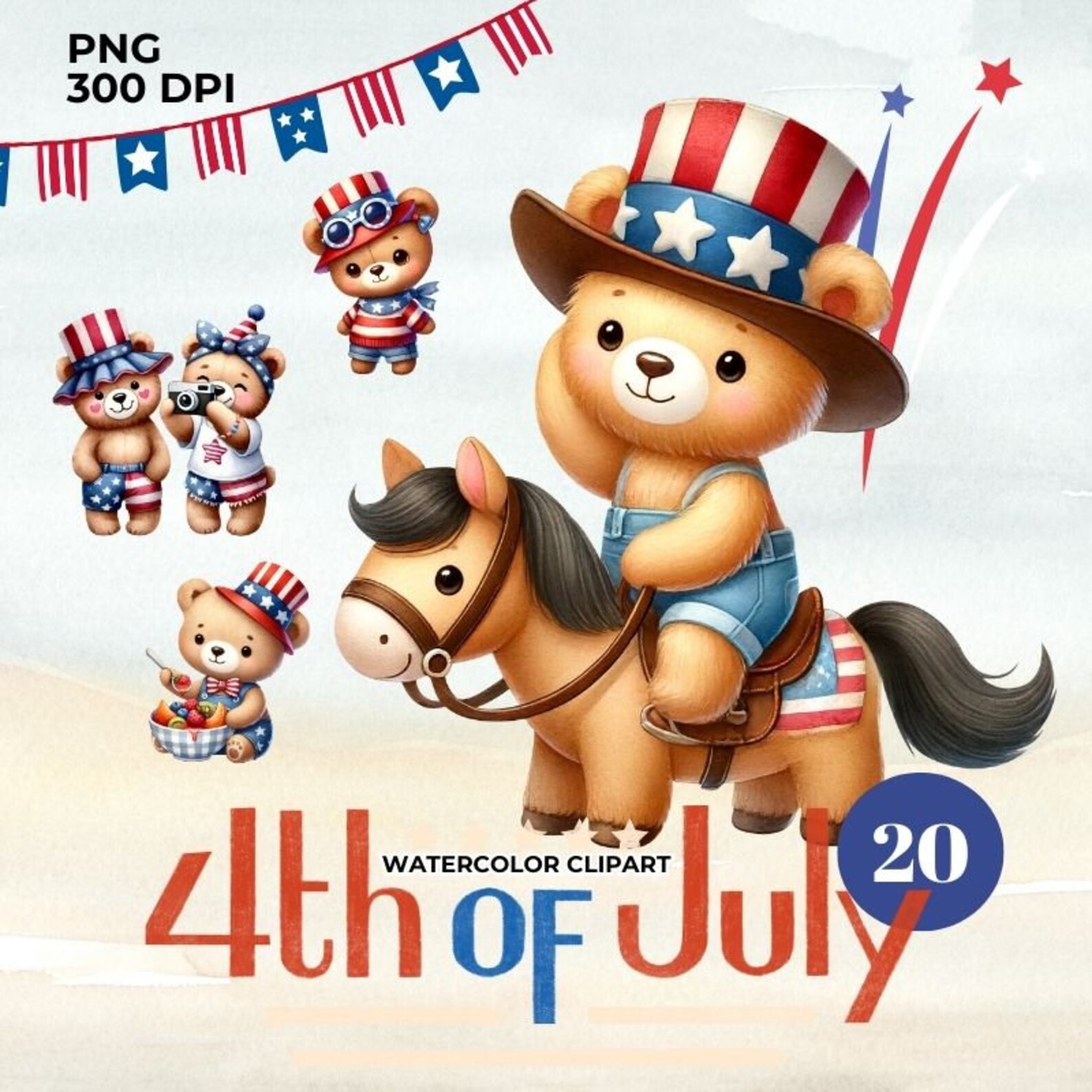 4th of July Watercolor Clipart Set, Cute Patriotic Bear Illustrations ...