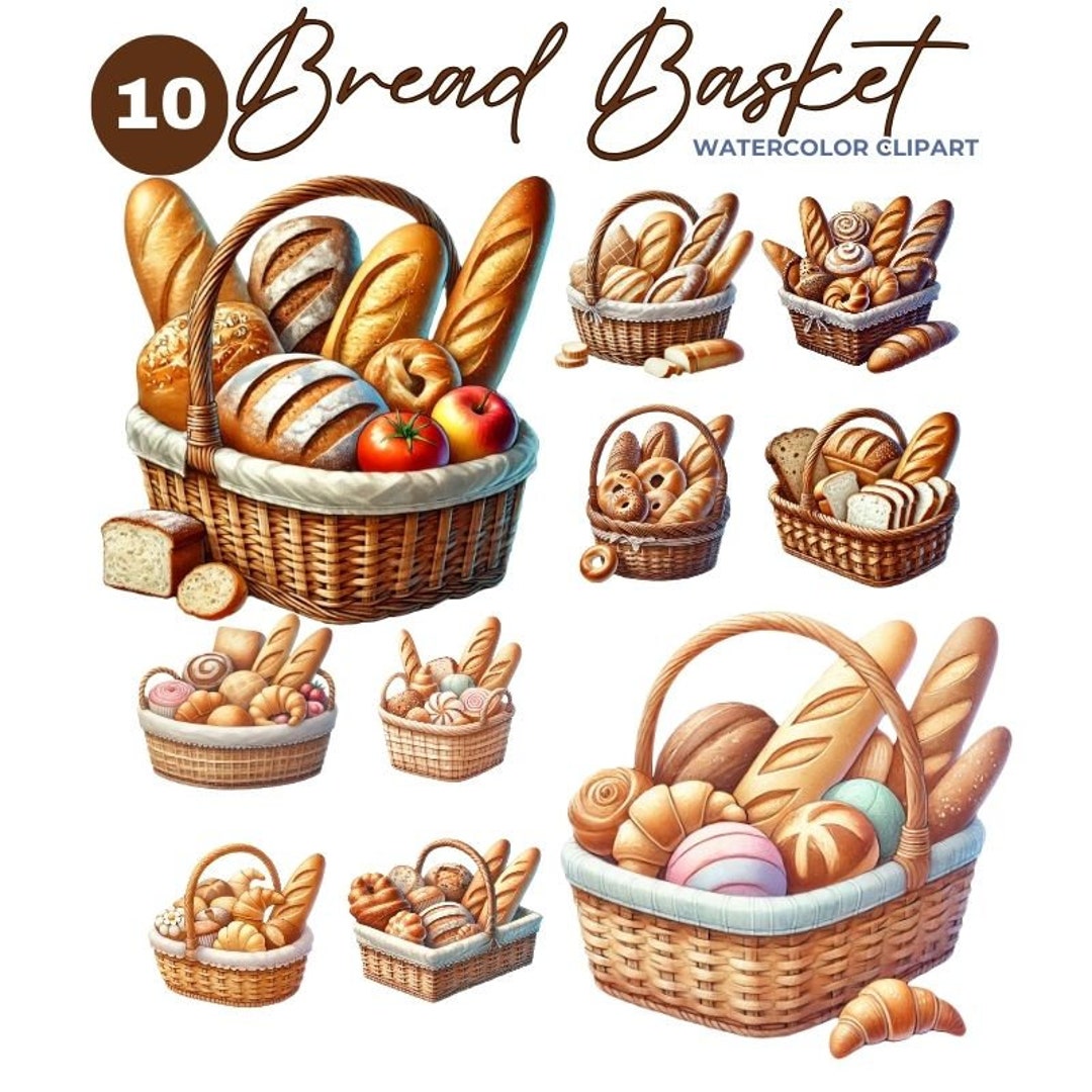 Bread Basket Watercolor Clipart Set, PNG High-resolution Bakery Basket ...