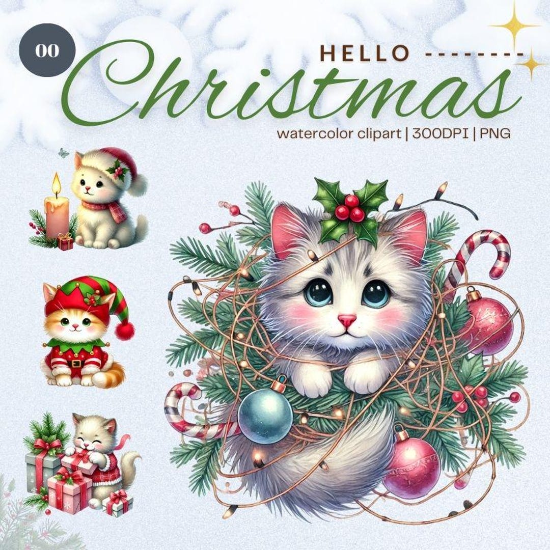 Christmas Cat Watercolor Clipart Set, Cute Holiday Kitten Illustrations ...