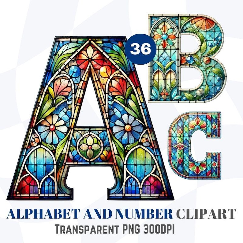 Floral Stained Glass Alphabet Letters and Numbers Clipart Set of 36 ...