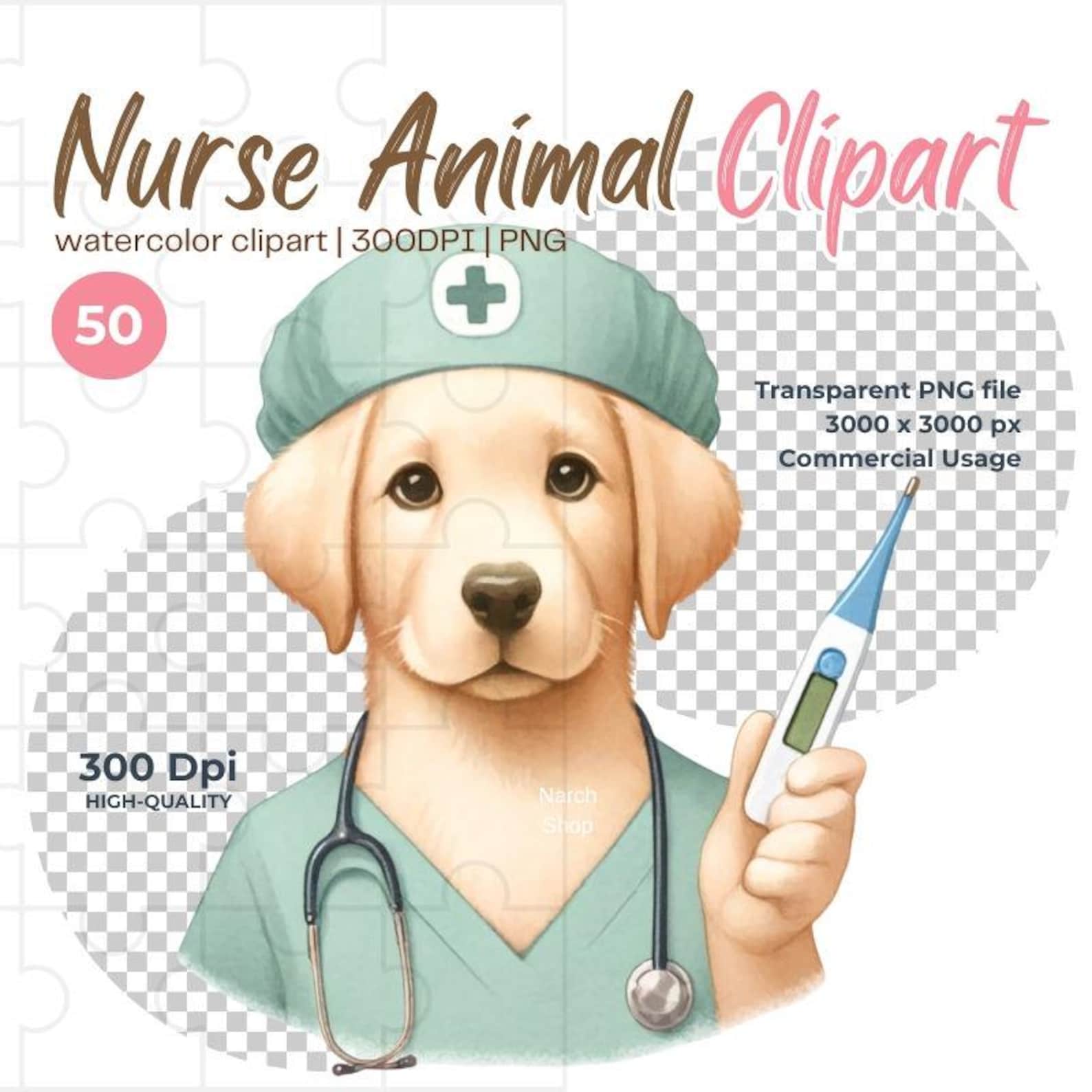 Watercolor Nurse Animal Clipart Bundle: 50 PNG Medical Illustrations ...