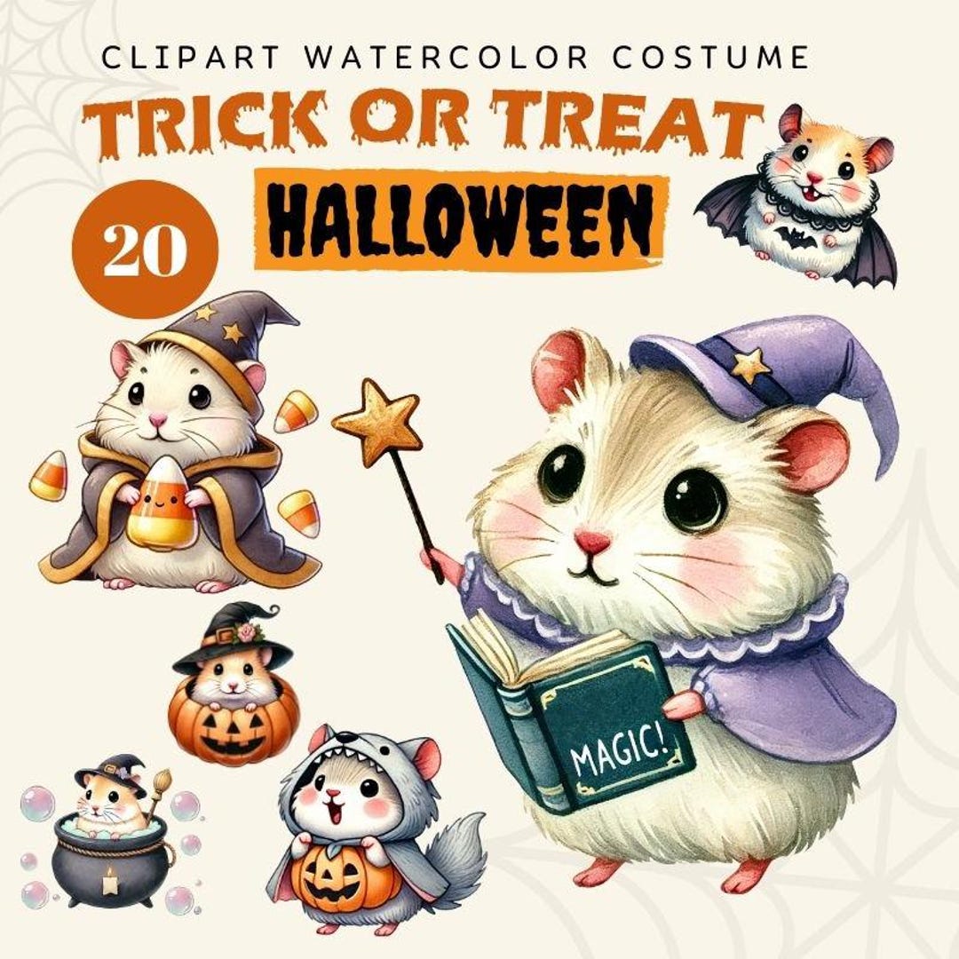 Halloween Watercolor Hamster Clipart Cute Witch Pumpkin Bat Costumes ...