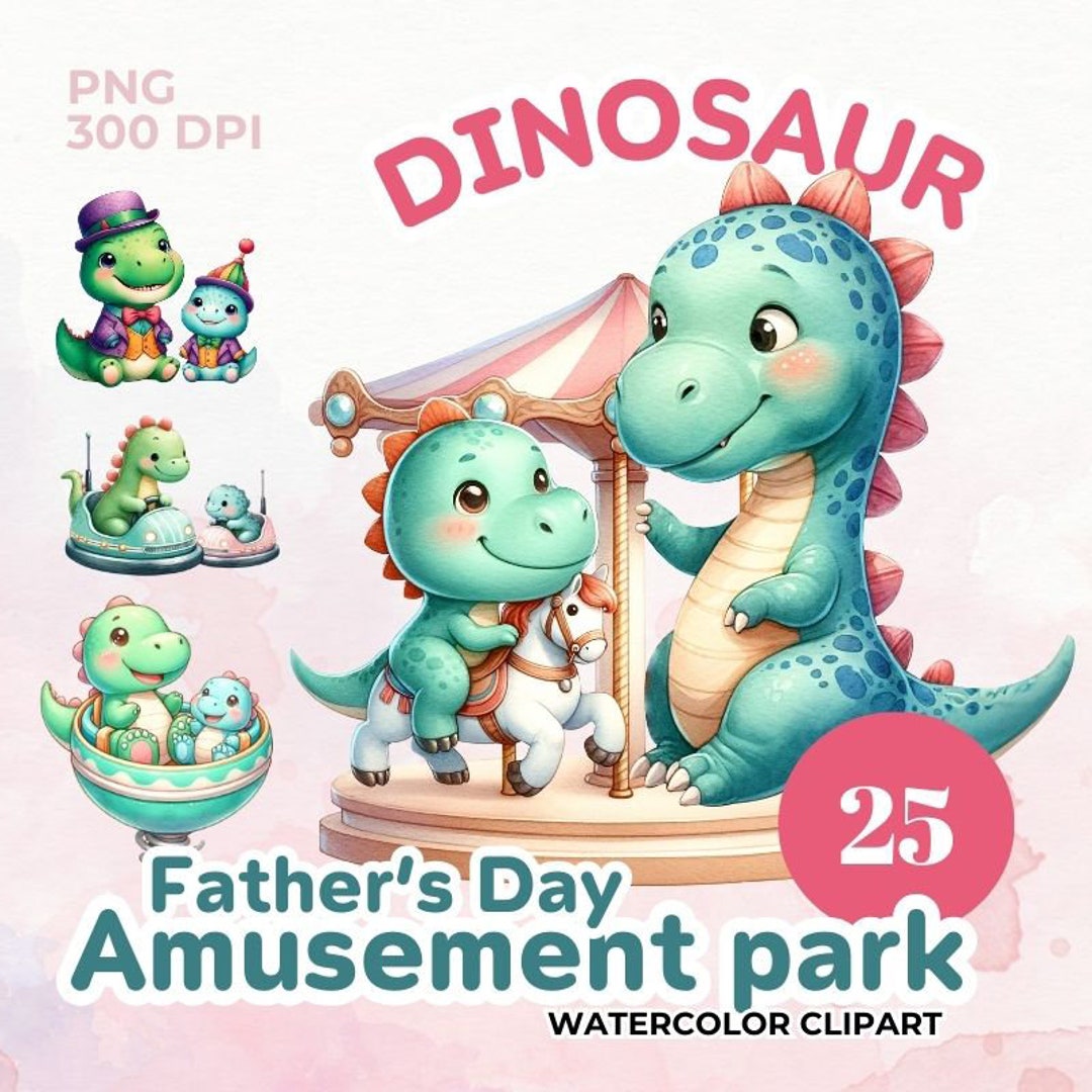 Watercolor Dinosaur Clipart Set - 25 Father's Day Amusement Park ...