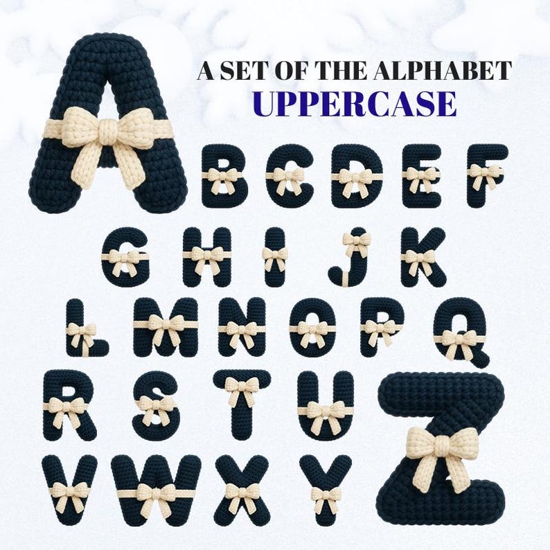 Navy Alphabet Crochet Letters With White Bow Faux Yarn Clipart Digital ...
