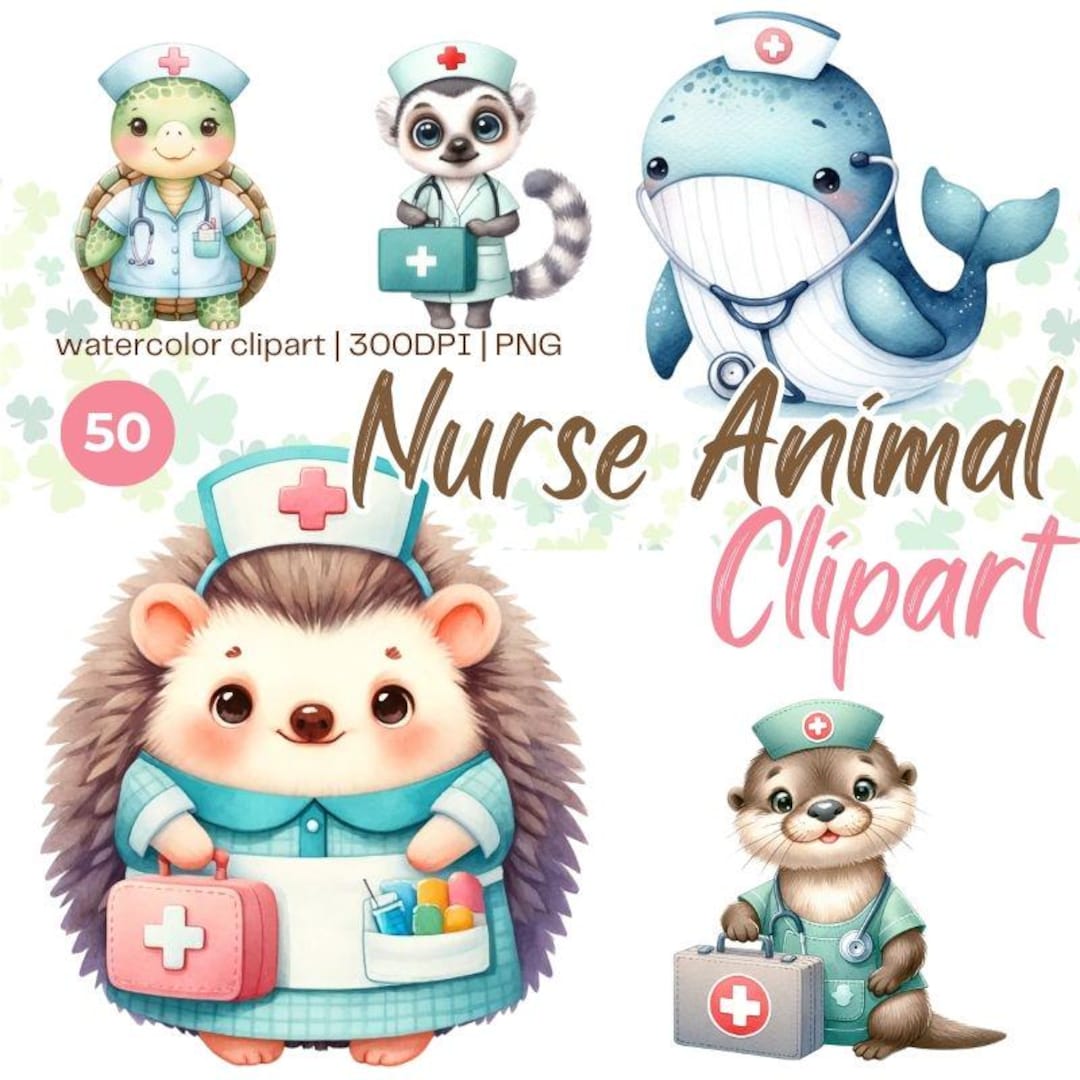Watercolor Nurse Animal Clipart Bundle: 50 PNG Medical Illustrations ...
