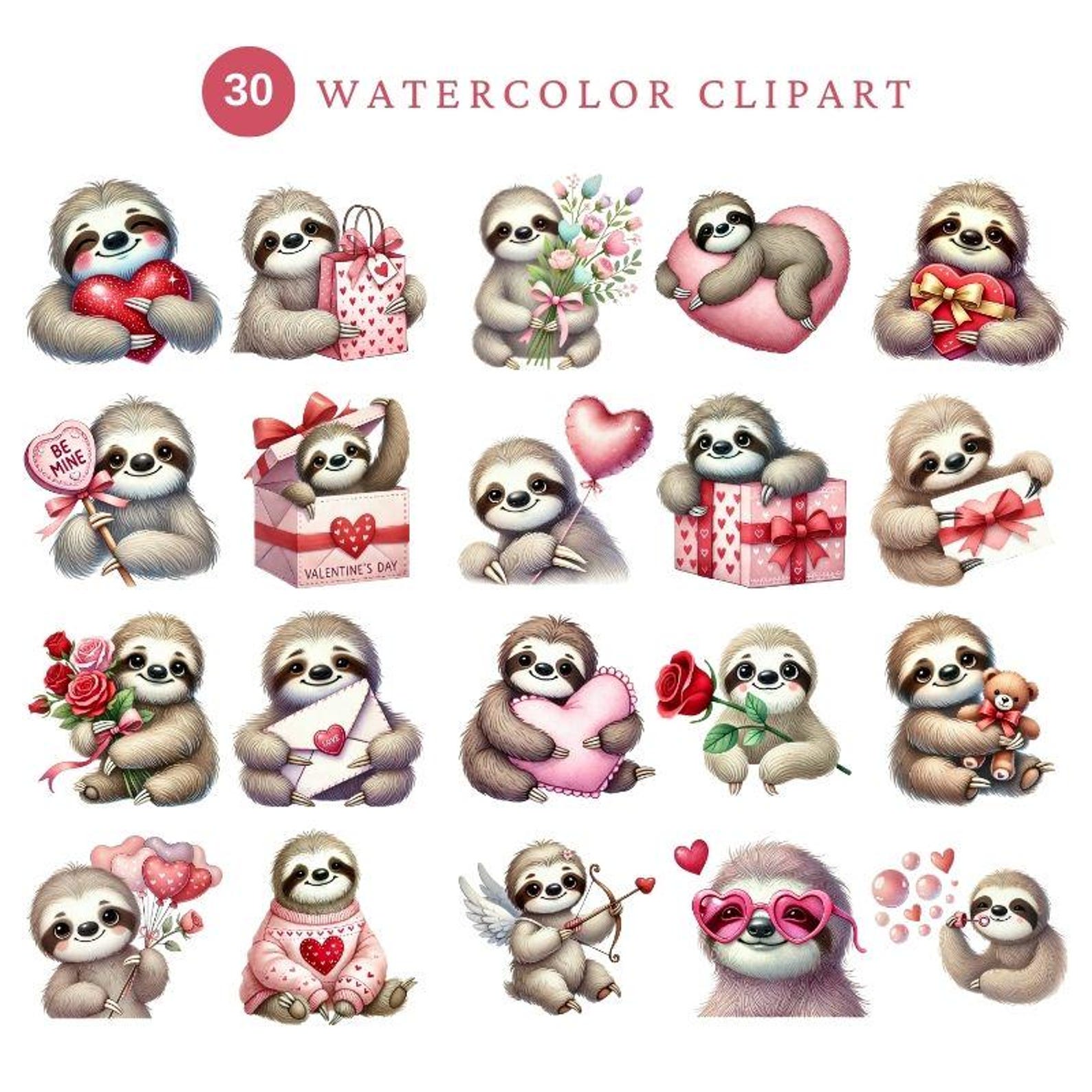 Valentine's Day Sloth Clipart, Cute Watercolor Sloth PNG Romantic Love ...
