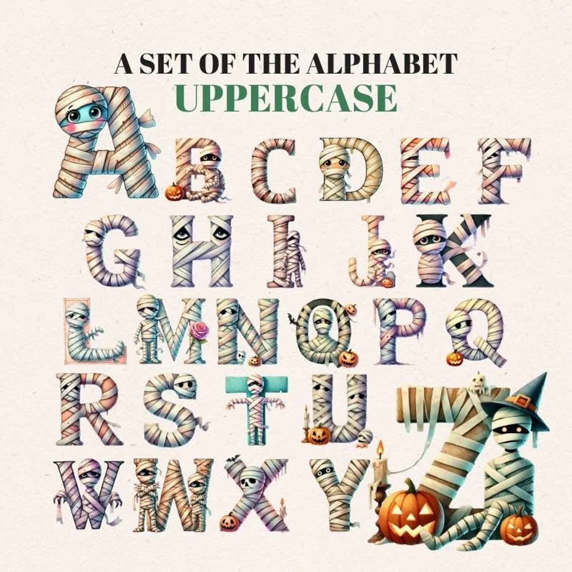 Mummy Alphabet Clipart Watercolor PNG Halloween Letters Cute Mummy for ...