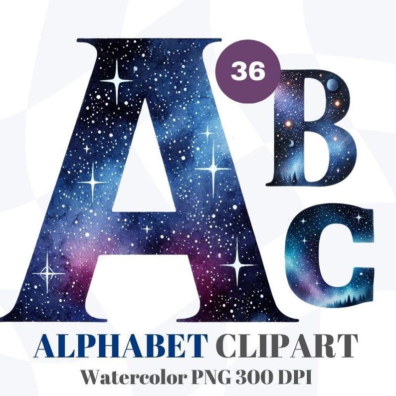 Galaxy Alphabet Clipart Set - 36 Cosmic Watercolor Letters PNG - High ...