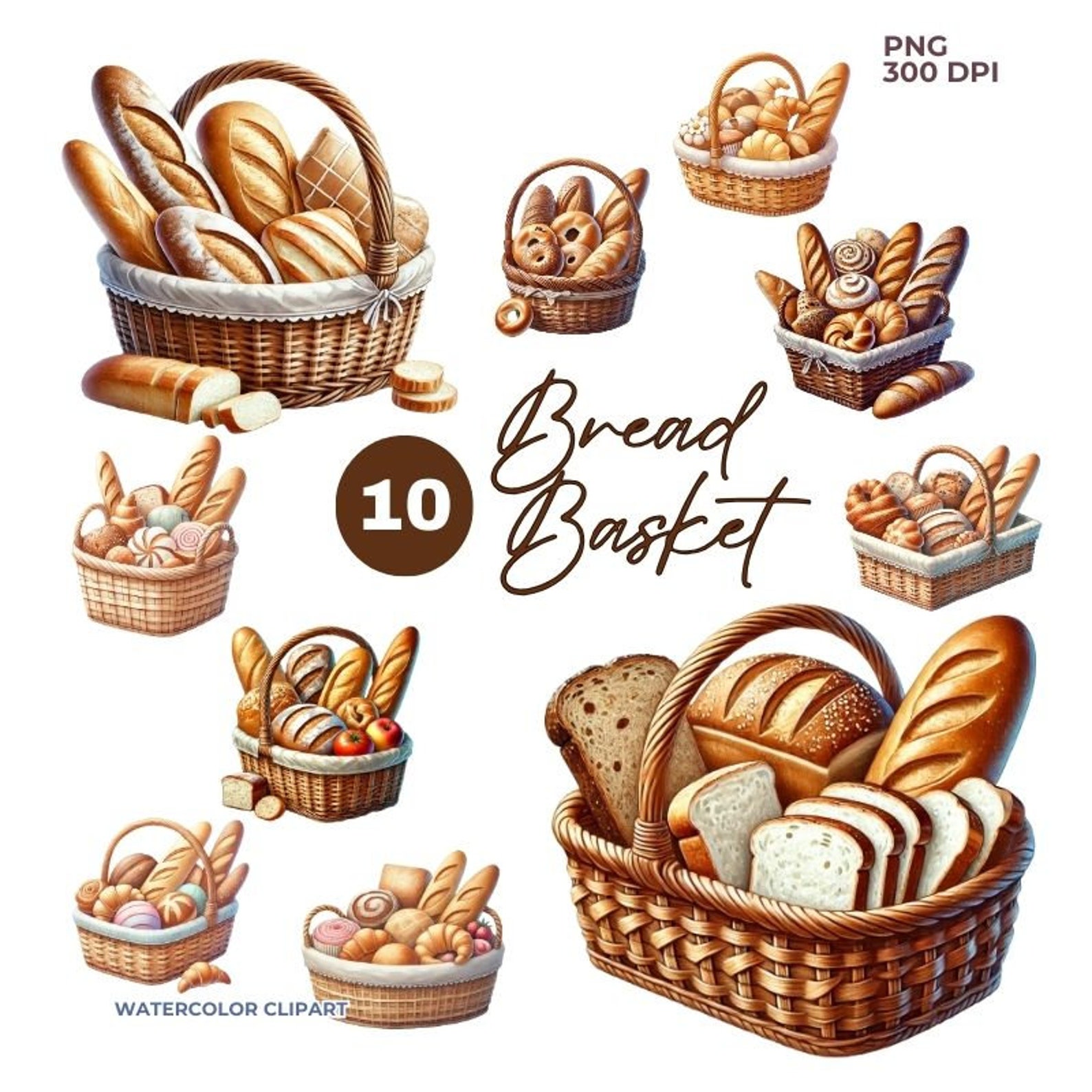 Bread Basket Watercolor Clipart Set, PNG High-resolution Bakery Basket ...