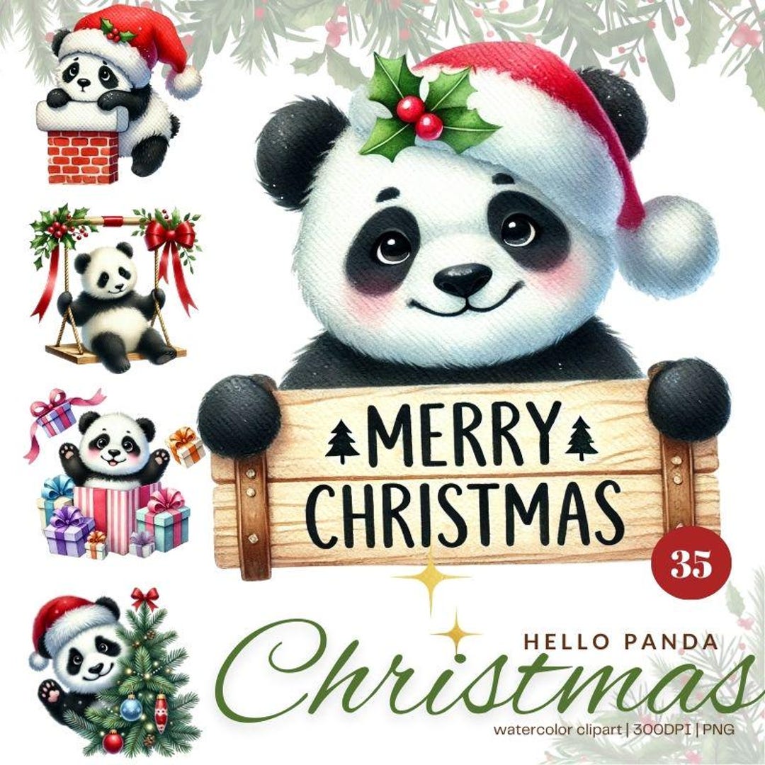 Christmas Panda Watercolor Clipart, Holiday PNG Set (35 Images ...