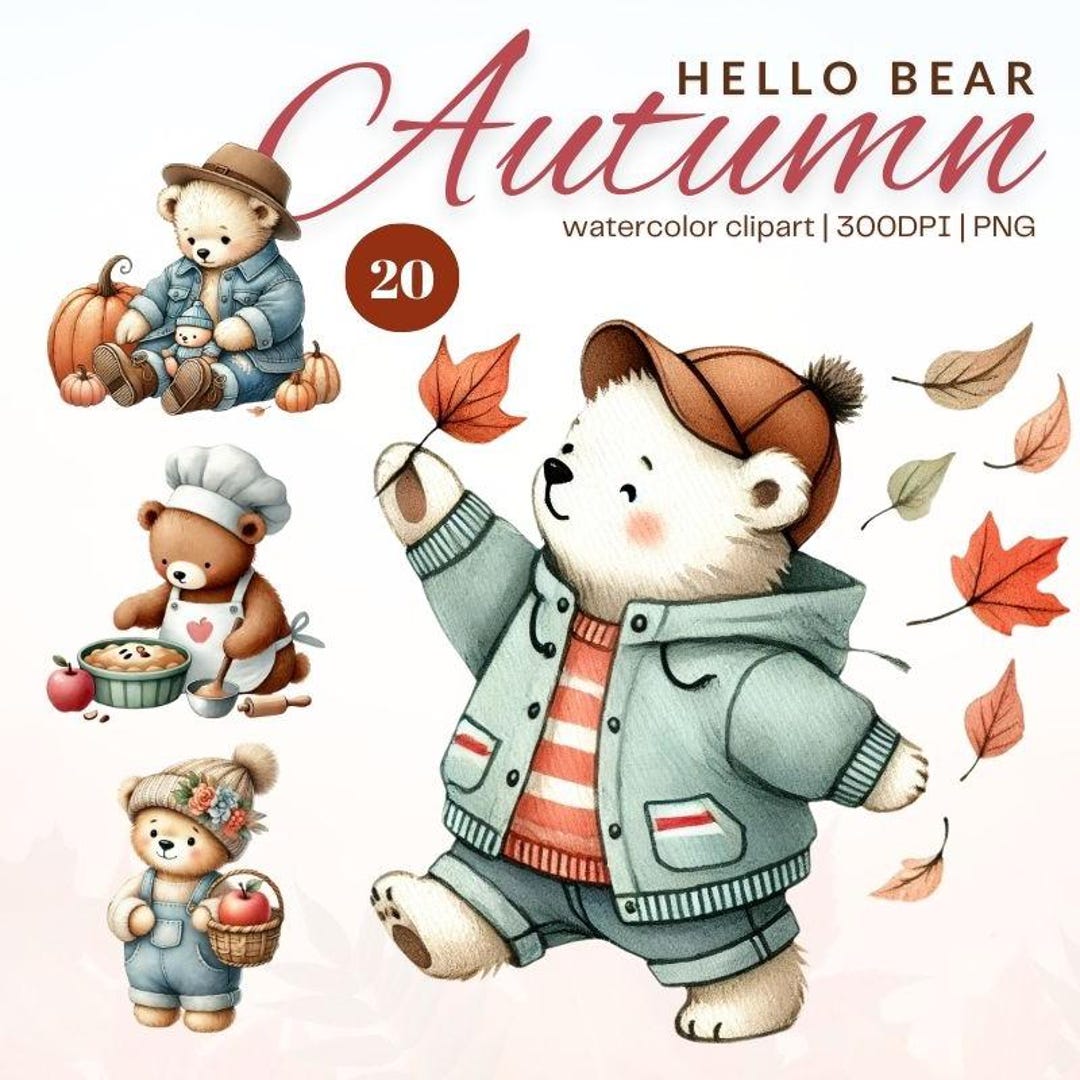 Autumn Bear Watercolor Clipart Set Cozy Fall Bears With Pumpkins and ...