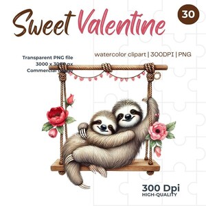 Valentine's Day Sloth Clipart, Cute Watercolor Sloth PNG Romantic Love ...