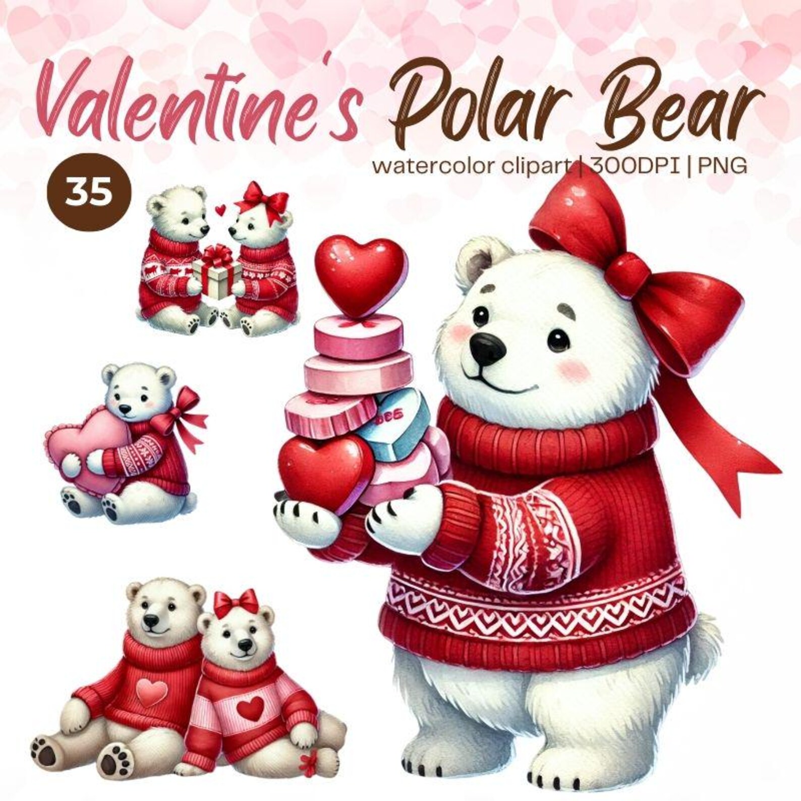 Valentine's Day Polar Bear Clipart Cute Watercolor Bear PNG, Love Bear ...