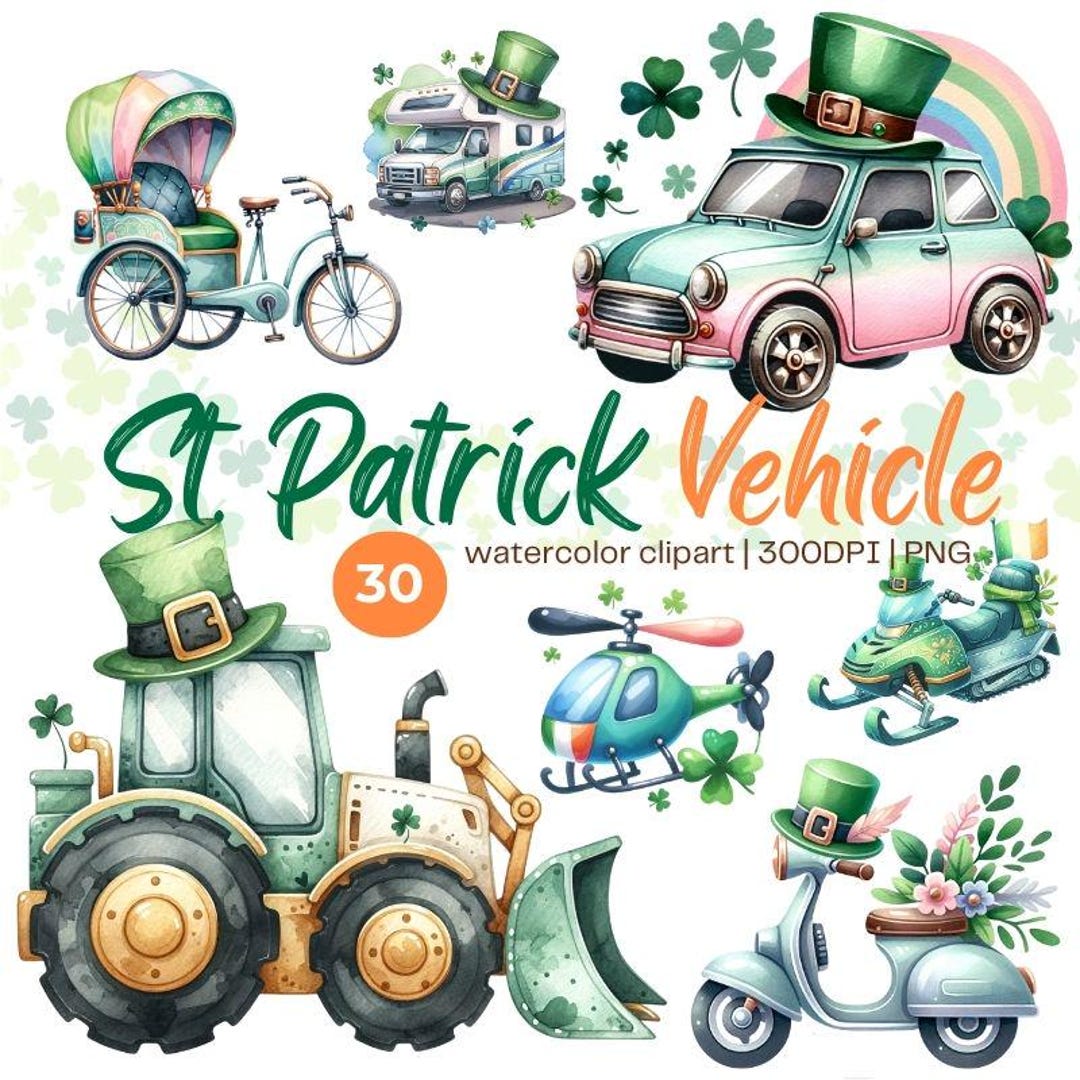 St Patrick's Day Vehicle Clipart, Watercolor Car Truck Tractor PNG ...