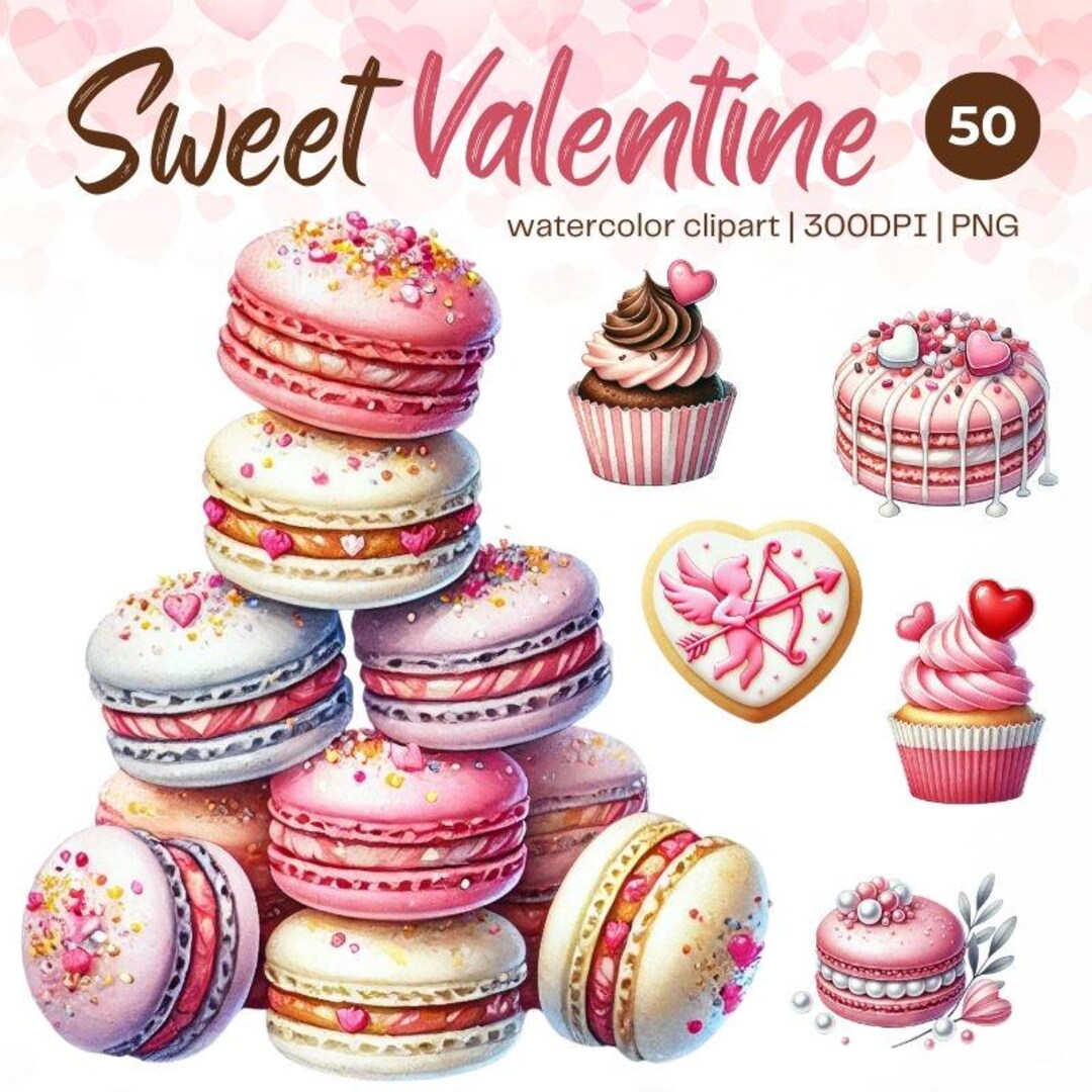 Sweet Valentine Watercolor Clipart Set 50 PNG Romantic Dessert ...