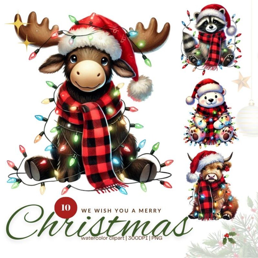 Festive Animal Christmas Clipart Set With Lights and Plaid Designs ...