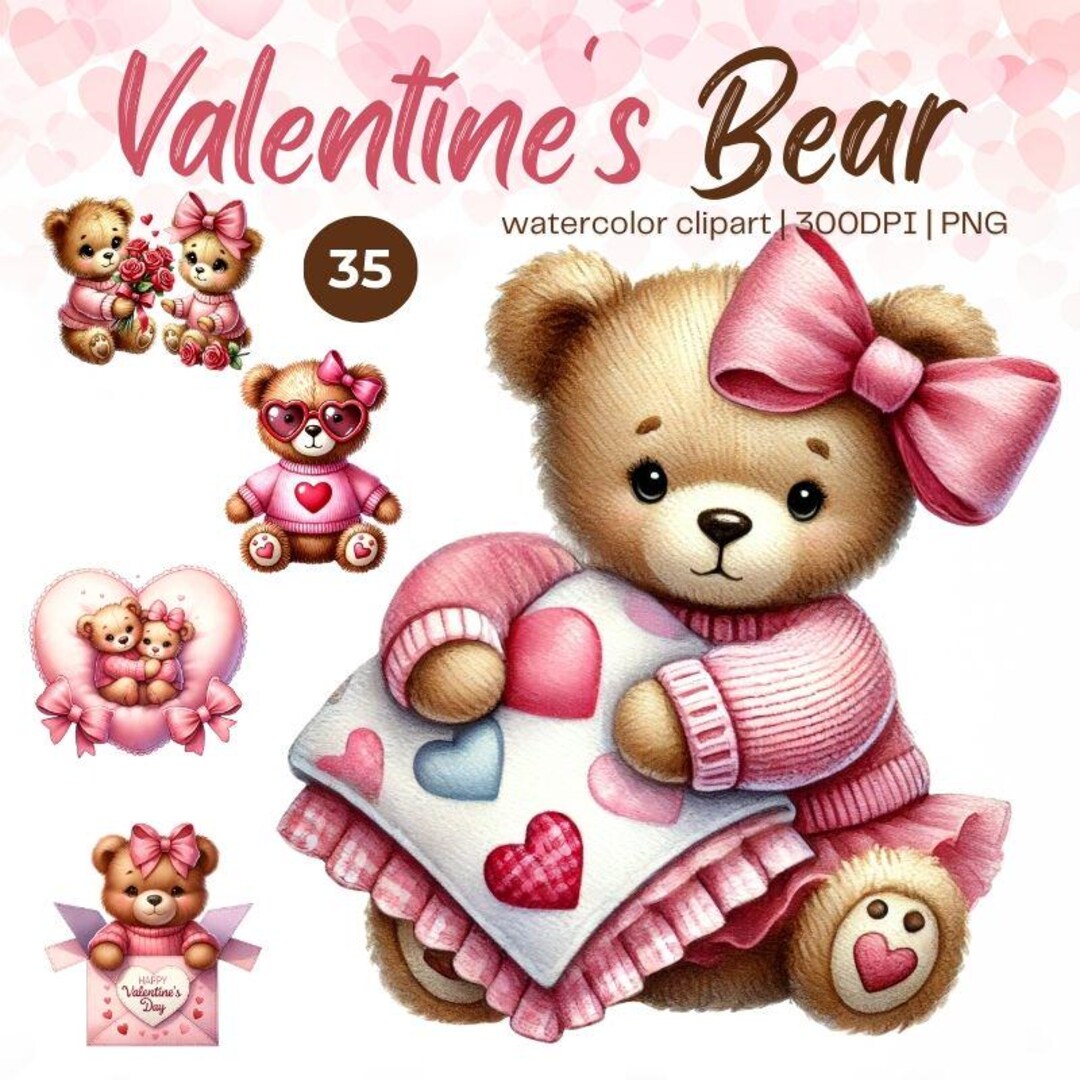 Valentine's Day Bear Clipart Cute Watercolor Bear PNG Romantic Love ...