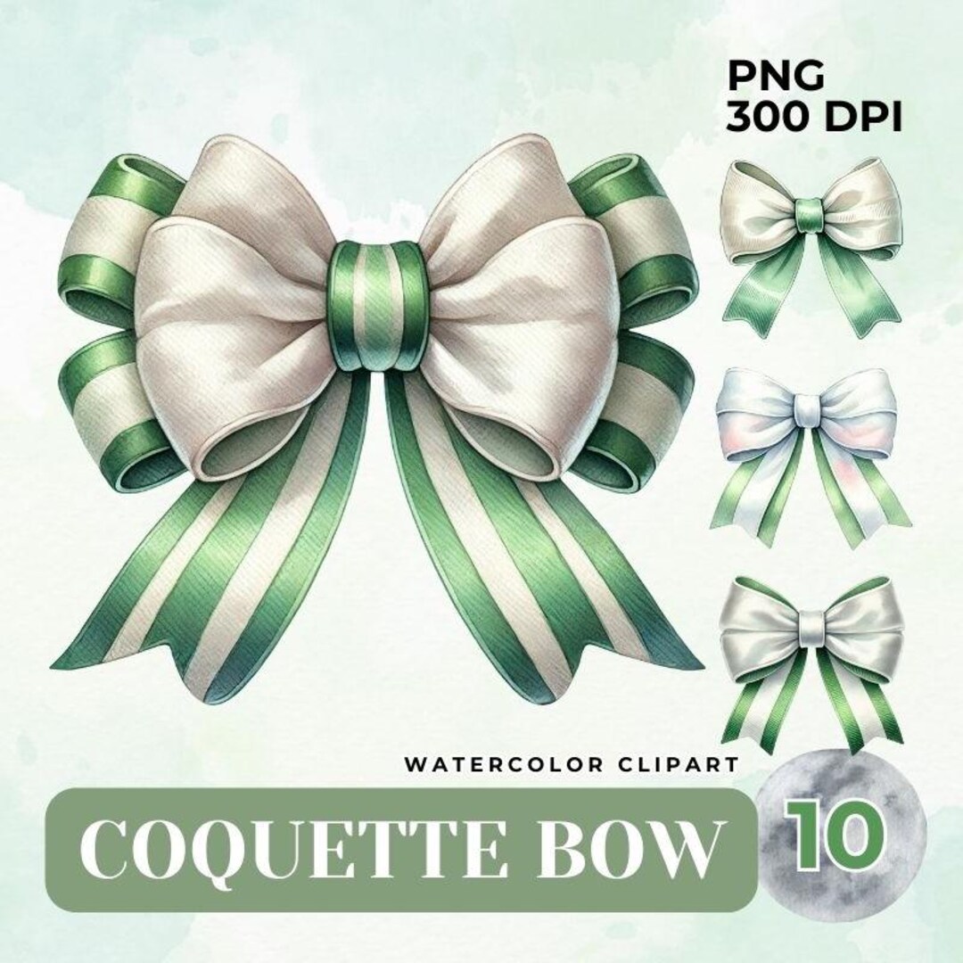 Watercolor Coquette Bow Clipart: Green & White PNG (digital Download ...