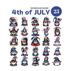4th of July Watercolor Clipart Set, Patriotic Gnome PNG Bundle ...