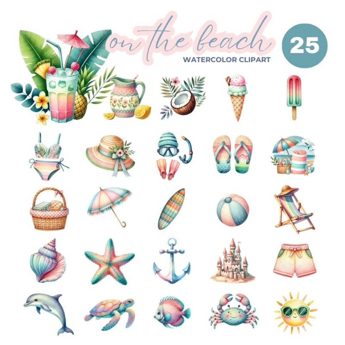 Watercolor Beach Clipart Bundle 25 PNG Elements With Beach Umbrella ...