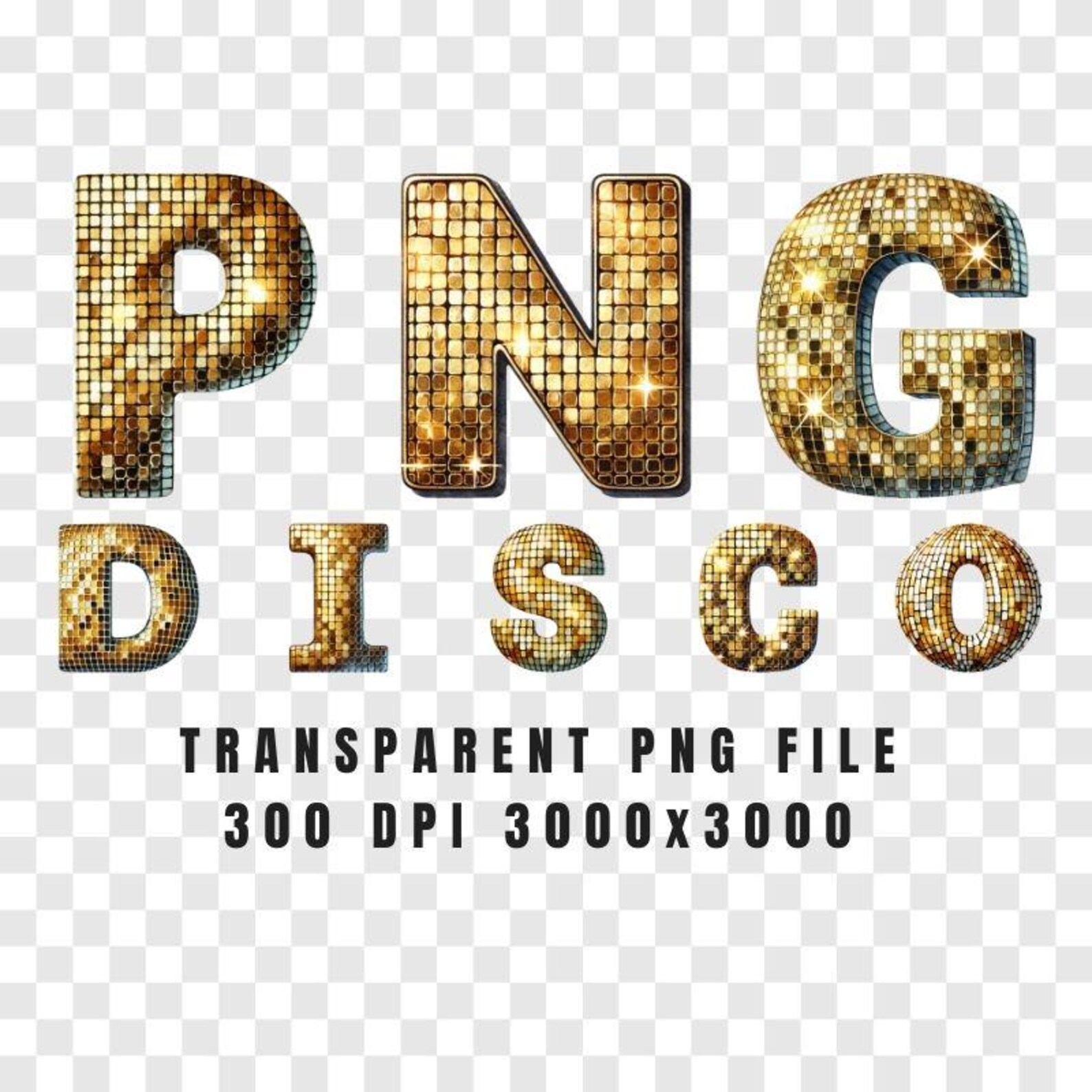 Disco Ball Alphabet PNG: Gold Letters & Numbers Clipart (digital ...