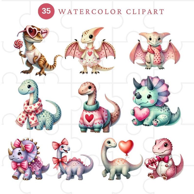 Cute Valentine's Day Dinosaur Clipart Set, Watercolor T-rex and Baby ...
