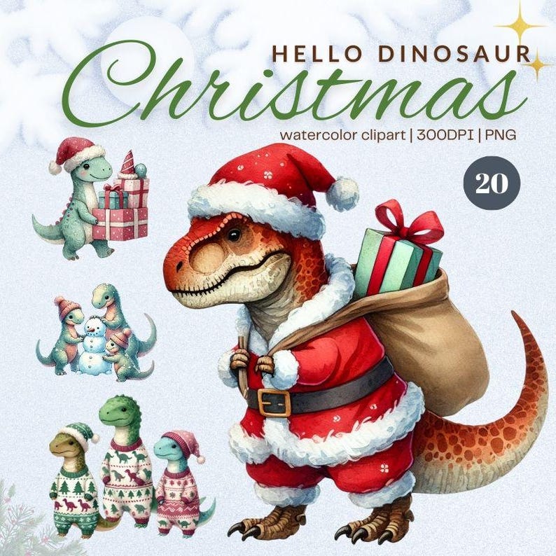 Dinosaur Christmas Clipart | Festive Dino PNG Set (commercial Use ...