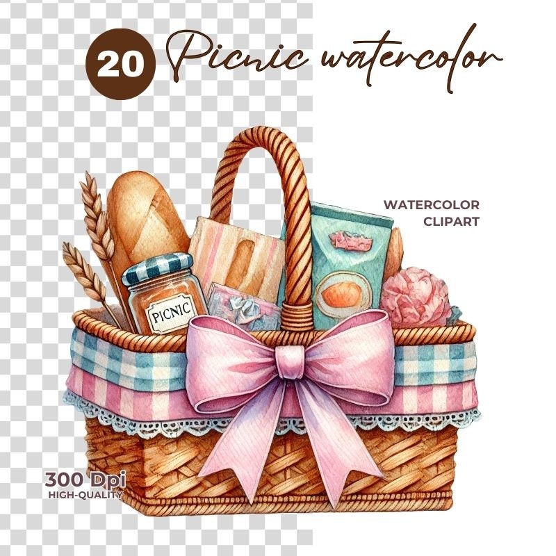 Watercolor Picnic Clipart, 28 Png Summer Picnic Basket, Spring Picnic ...
