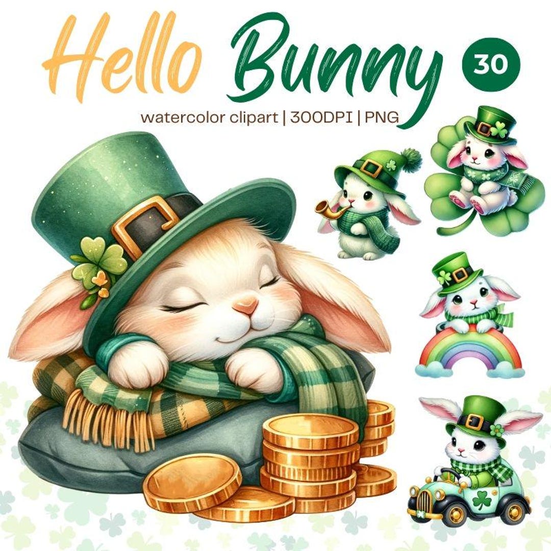 St. Patrick's Day Bunny Watercolor Clipart 30 PNG Cute Leprechaun ...