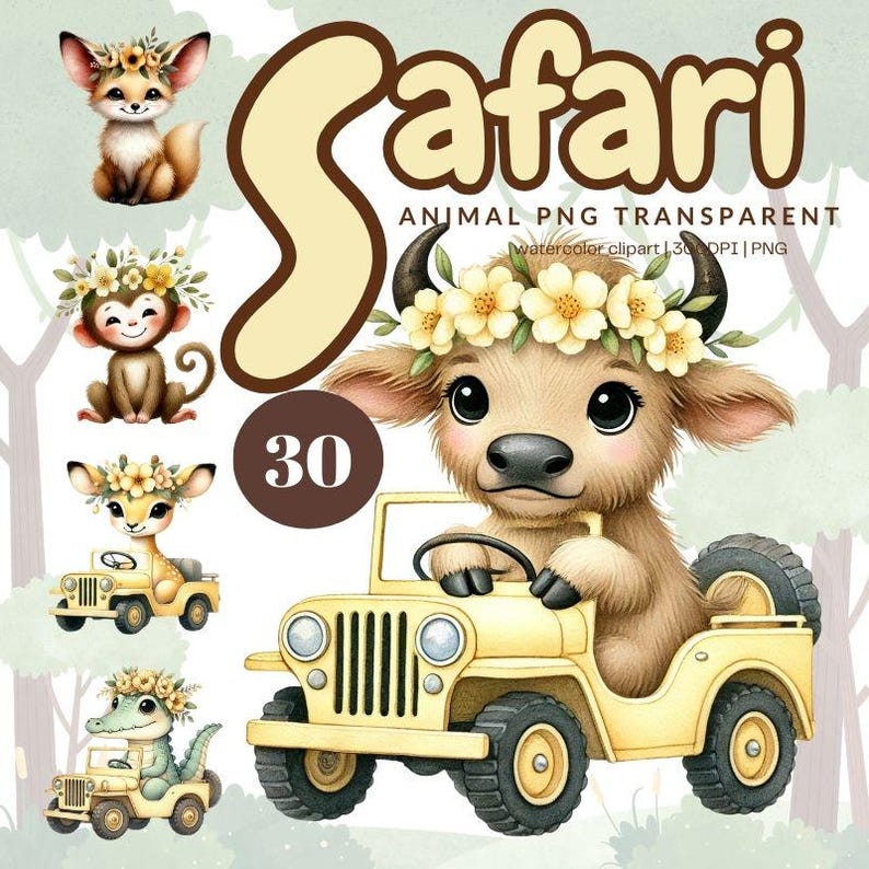Safari Animals PNG Clipart 30 Watercolor Cute Jungle Animal Designs ...
