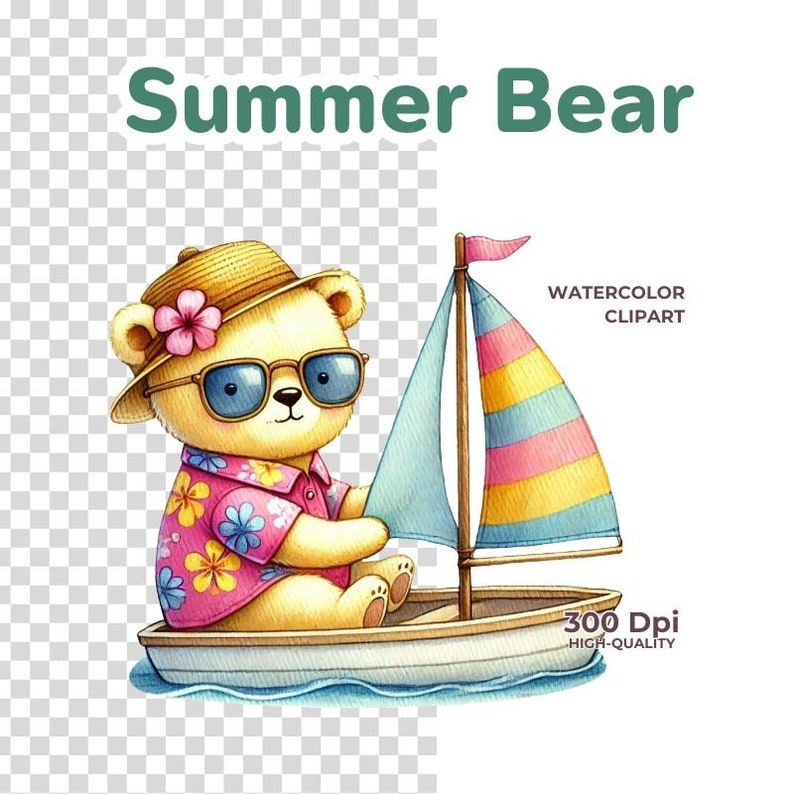 Watercolor Summer Butter Bear Clipart Set - Cute Vacation Graphics ...