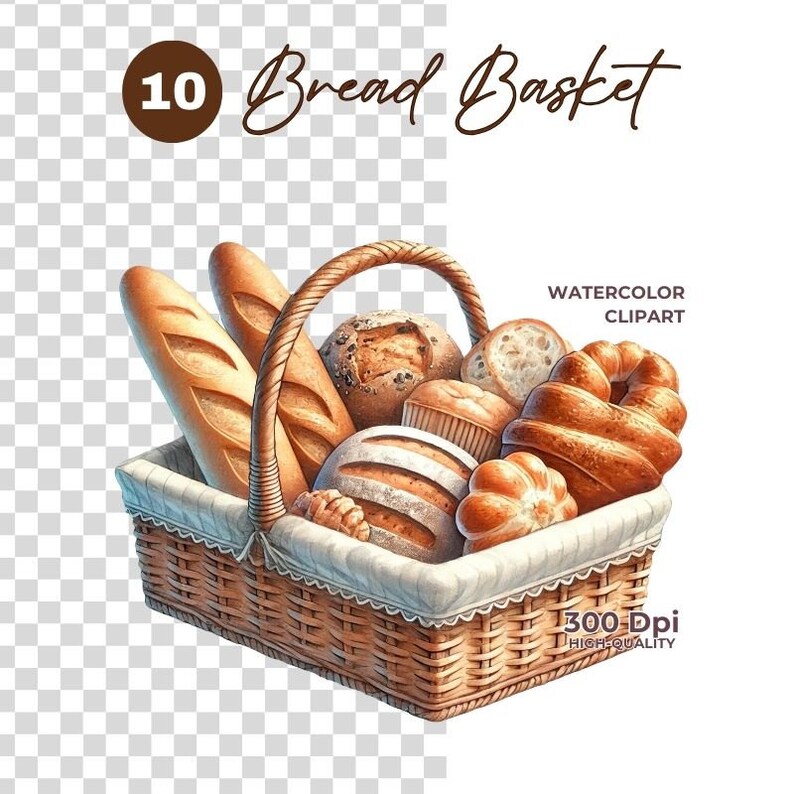 Bread Basket Watercolor Clipart Set, PNG High-resolution Bakery Basket ...