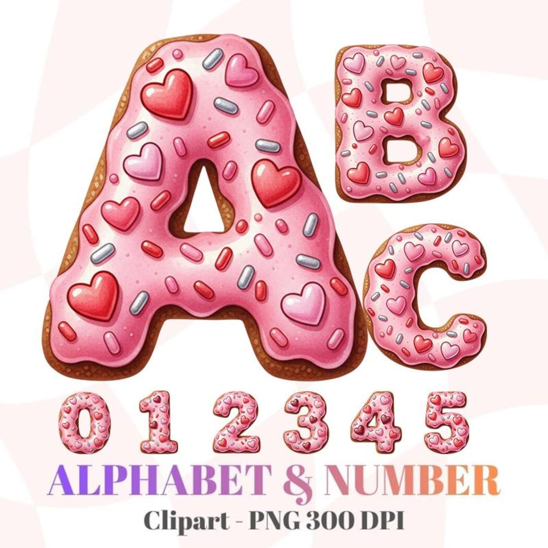 Pink Donut Alphabet Clipart, Heart Sprinkles, Valentine Font (PNG ...