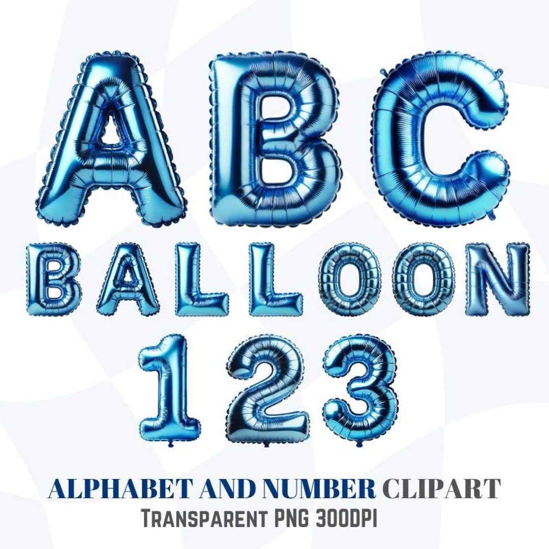 Blue Foil Balloon Alphabet Clipart: Number PNG Set (digital Download ...