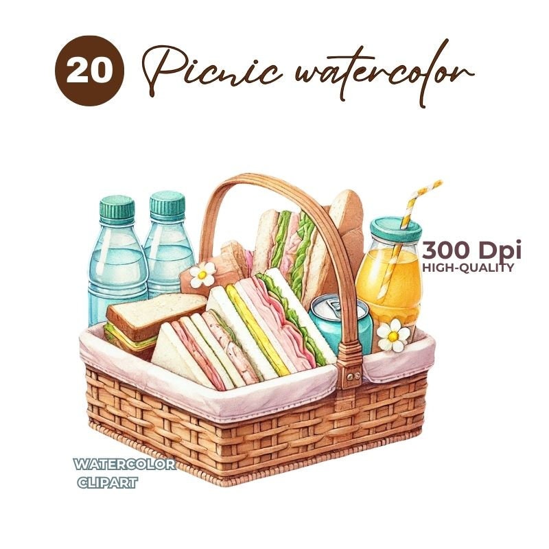 Watercolor Picnic Clipart, 28 Png Summer Picnic Basket, Spring Picnic ...
