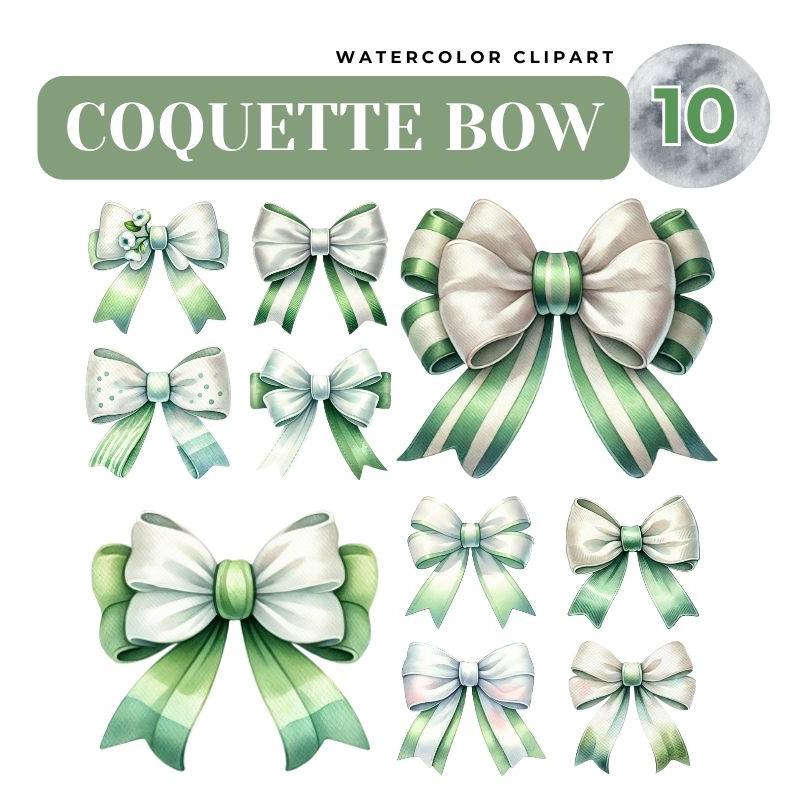Watercolor Coquette Bow Clipart: Green & White PNG (digital Download ...