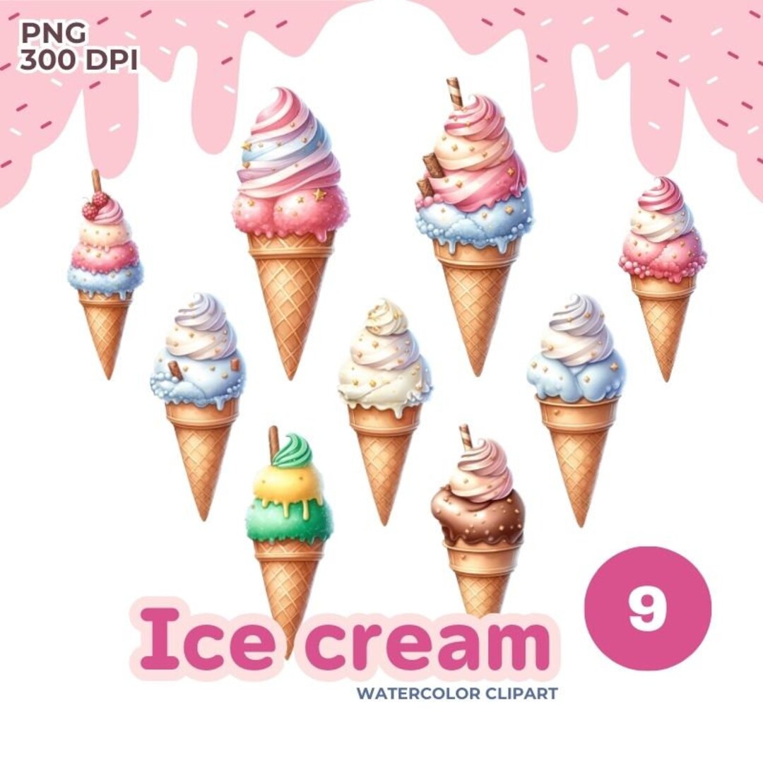 Watercolor Ice Cream Clipart Set: 9 PNG Files (300 DPI) - Etsy Canada