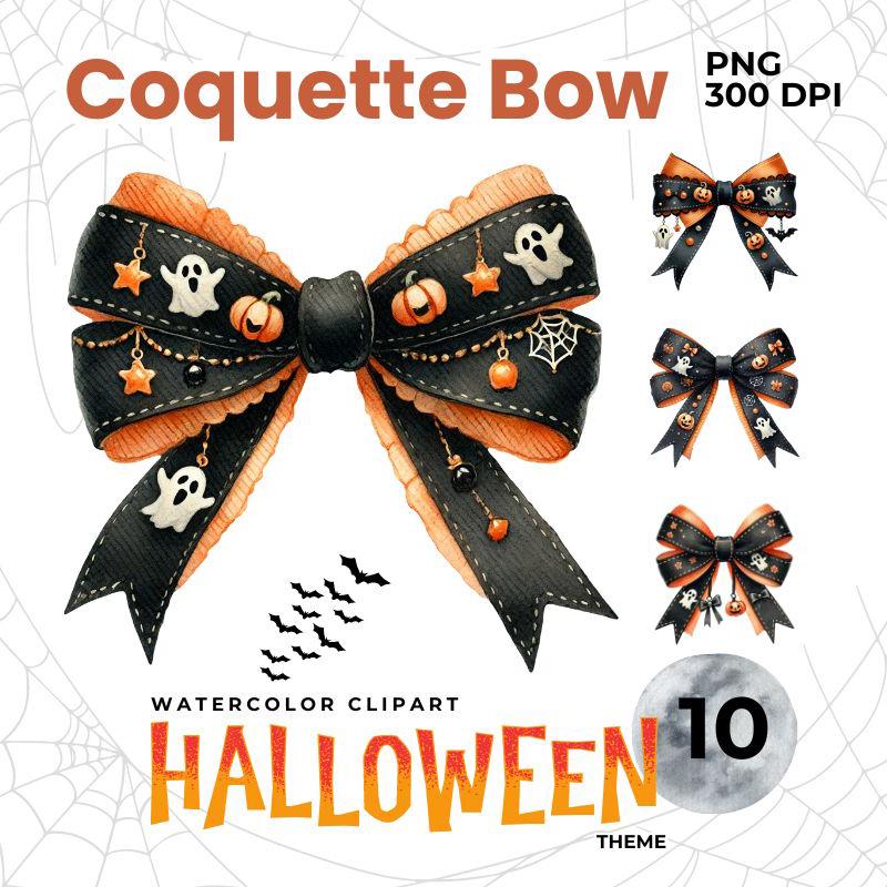 Halloween Watercolor Bow Clipart Set Coquette Bow Clipart for Halloween ...